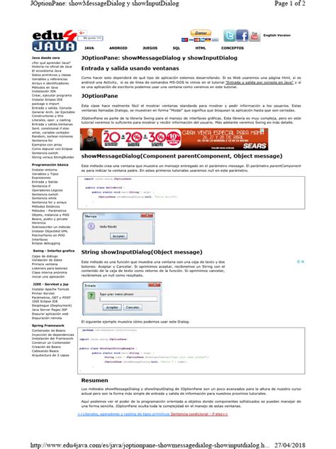 Joption Pane Pdf Java Lenguaje De Programación Informática