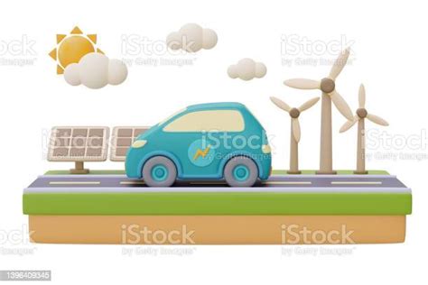 전기 개념의 대안 근원 배경에 있는 바람 터빈 및 태양 전지판을 가진 도로에 전기 자동차 환경 친절한 청정 에너지 3d 렌더링 0명에 대한 스톡 사진 및 기타 이미지