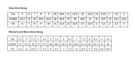 Dance Shoe Size Chart Pe