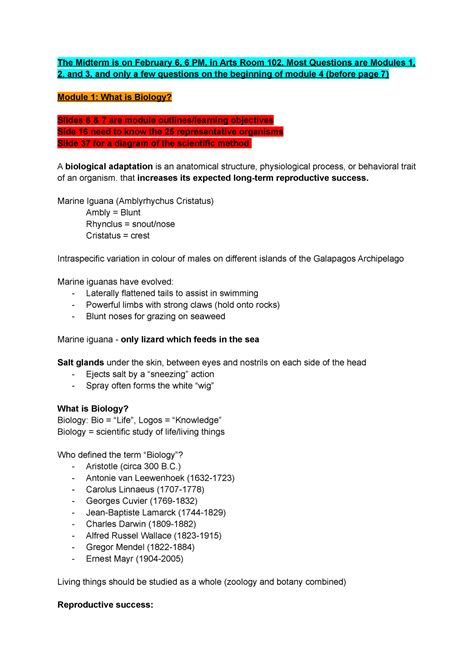 Bio 121 Lecture Notes For Bio 121 The Midterm Is On February 6 6 PM In Arts Room 102 Most