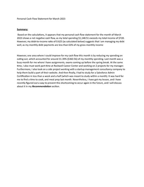 Personal Cf Statement Summary Personal Cash Flow Statement For March 2023 Summary Based On