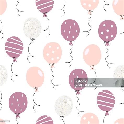 손으로 그린 매끄러운 패턴의 귀여운 핑크와 보라색 파티 공기 풍선 생일 아기 방 인사말 카드 초대장 벽지 포장지 포장에 대한 다채로운 낙서 벡터 그림 열기구에 대한 스톡