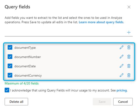 query fields in prebuilt invoice model doesn t return any result