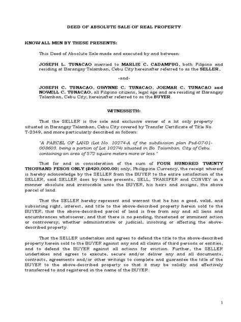 Deed Of Sale Of Real Property Deed Property Law