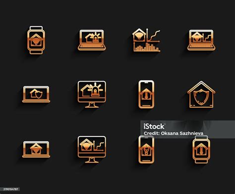 Wifi 컴퓨터 모니터 스마트 시계 휴대 전화 집 및 전구 온도 알람 보호 중인 집 및 아이콘이 있는 스마트 홈이 있는 노트북을 설정합니다 벡터 0명에 대한 스톡 벡터 아트