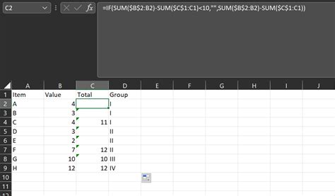 Running Total In Excel To A Value Reset The Cumulative Total And Group Stack Overflow