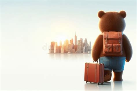 A Bear Cub With A Suitcase Looks At The Cityscape Space For Text