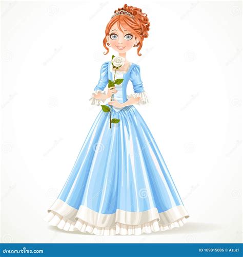 Красивая молодая принцесса брюнетки в голубом платье на белую розу изоляции на белом Иллюстрация