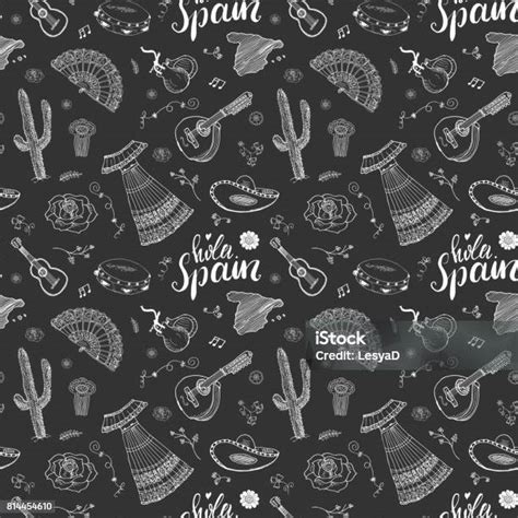 스페인 원활한 패턴 낙서 요소 손으로 그려진된 스케치 스페인 전통 기타 드레스와 음악 기기 스페인 레터링안녕 스페인의 지도 벡터 일러스트 레이 션 배경 관광에 대한 스톡