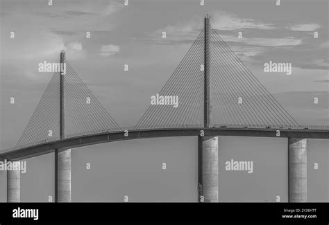 Black And White Image Of A Cable Stayed Bridge With Clear Sky
