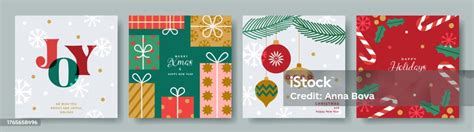 메리 크리스마스와 새해 복 많이 받으세요 인사말 카드 세트입니다 타이포그래피 크리스마스 트리 및 공 선물 홀리 사탕과 현대 기하학적 크리스마스 디자인 벡터 템플릿 배너