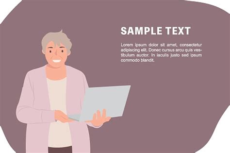 만화 사람들 문자 디자인 배너 템플릿 노트북 컴퓨터를 들고 수석 여자 귀여운에 대한 스톡 벡터 아트 및 기타 이미지 귀여운