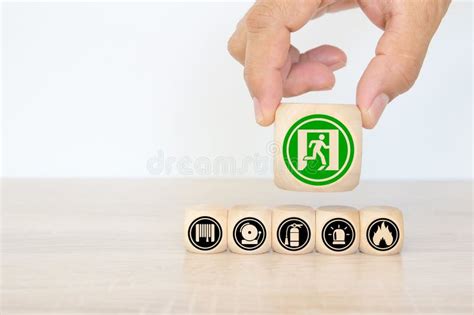 Fire Prevention Concept On Cube Wooden Toy Block Stack With Door Exit