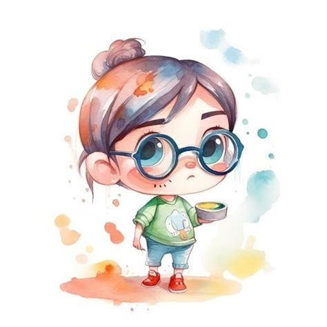 Ilustra O Em Aquarela De Uma Garota De Culos E Camisa Verde Segurando Um Pincel Foto Premium