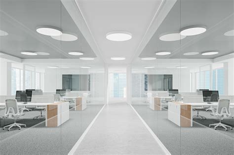 Pc 컴퓨터와 유리 칸막이가 있는 사무실 인테리어 탁 트인 창문 0명에 대한 스톡 사진 및 기타 이미지 0명 3차원 형태 가구 Istock