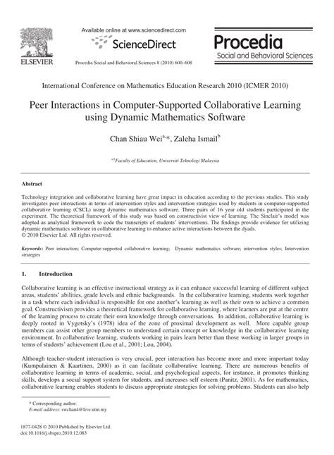 Pdf Peer Interactions In Computer Supported Collaborative Learning Using Dynamic Mathematics