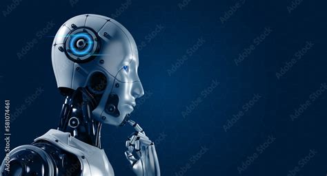 3d Rendering Of Humanoid Robot Cyborg Thinking And Compute On Blue Background With Copy Space