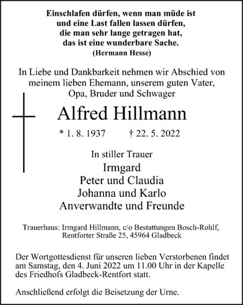Traueranzeigen Von Alfred Hillmann Trauer In Nrw De