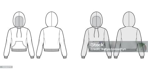 긴 소매 릴렉스 바디 캥거루 파우치 니트 리브 커프 밴드 옷자락이 있는 후드 스웨트셔츠 테크니컬 패션 일러스트 0명에 대한 스톡