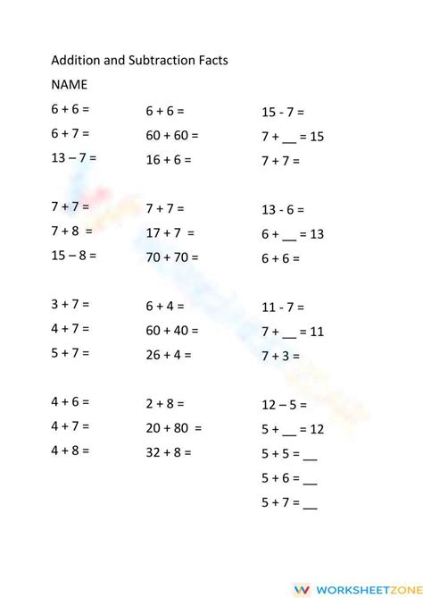 Addition And Related Subtraction Facts Worksheet