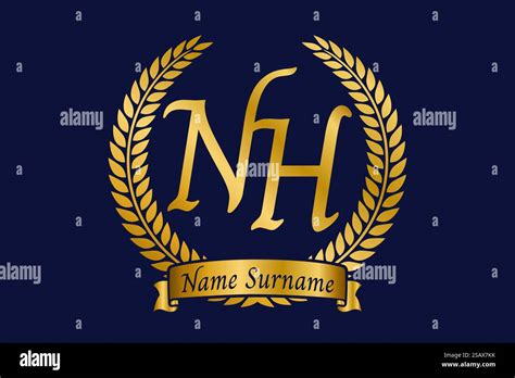 Initial Letter N And H Nh Monogram Logo Design With Laurel Wreath Luxury Golden Emblem With