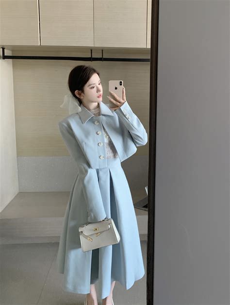 조이얼랏 하객룩 블루 카라 숏 일자핏 정장 트위드 자켓 Jk 수트 롱 하이웨이스트 플리츠 주름 플레어 스커트 치마 여친룩 소개팅룩 데이트룩 Set 230226