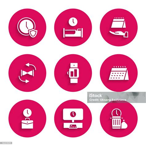 Smartwatch Tv 시간 낭비 달력 작업 모래가 있는 오래된 모래시계 및 시계 방패 아이콘을 설정합니다 벡터 개념에 대한 스톡 벡터 아트 및 기타 이미지 Istock