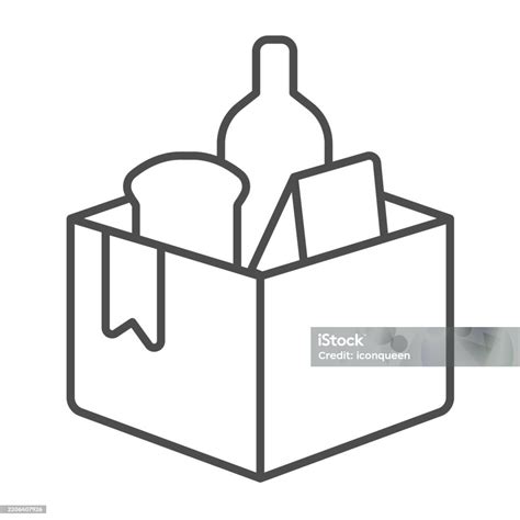 음식과 음료가 있는 골판지 상자 얇은 선 아이콘 자선 개념 벡터 그래픽입니다 인도주의적 원조 상자 흰색 배경에 기부 표시 모바일 또는 웹 디자인에 대한 개요 스타일 아이콘