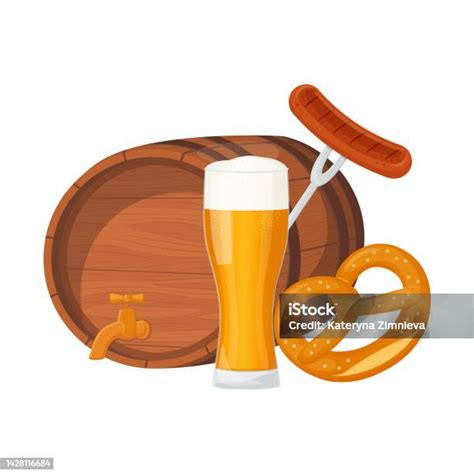 옥토버 페스트 포스터 배너 전단지를위한 맥주 프레첼 배럴 및 구운 소시지 파인트로 상세한 세트 고립된 사실적인 벡터 일러스트