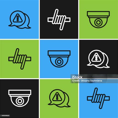 삼각형 보안 카메라 및 철조망 아이콘으로 느낌표를 설정합니다 벡터 가시 철사에 대한 스톡 벡터 아트 및 기타 이미지 가시