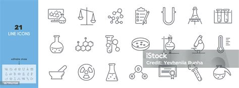 화학 실험실 라인 아이콘이 설정되었습니다 플라스크 박격포 유 봉 스케일 분자 시험관 플라스크 레토르트 버너 불꽃 인증서 페트리 접시 벡터 그림 편집 가능한 획 개념에 대한