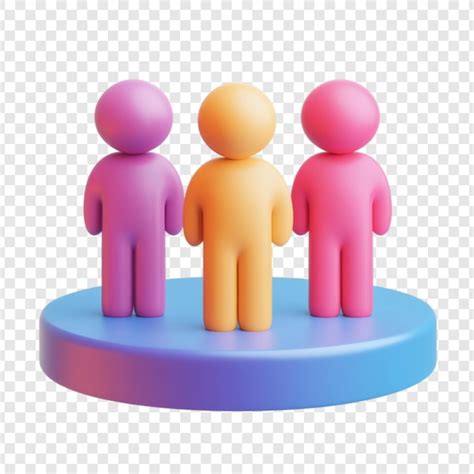 파란색 플랫폼에 함께 서있는 세 가지 다채로운 3d 그림 팀워크 협력 연합 다양성 사람들 그룹 아이콘 상징 Ai 생성 Psd