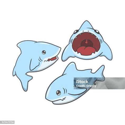 다양한 포즈를 가진 귀여운 상어 만화 일러스트 디자인 만화 어린이 책 개념 공격성에 대한 스톡 벡터 아트 및 기타 이미지