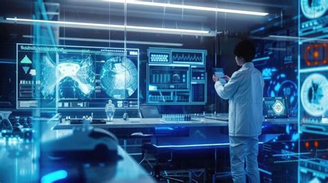 Scientist Analyzing Data On A Digital Screen In A Futuristic Lab Premium Ai Generated Image