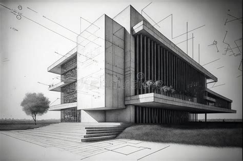 Generative Ai Illustration Of Black And White Architectural Sketch Of Modern Building With