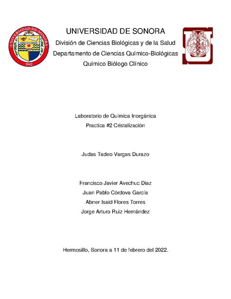 Reporte 2 Cristalización Universidad De Sonora Quimica Química