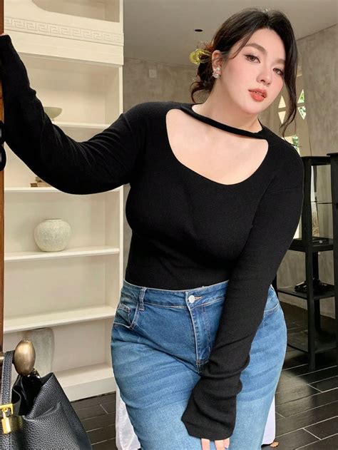 플러스 사이즈 여성 솔리드 컬러 홀로우 아웃 피트 스웨터 Moda De Vestir De Mujer Mujeres De Talla Grande Mangas Largas