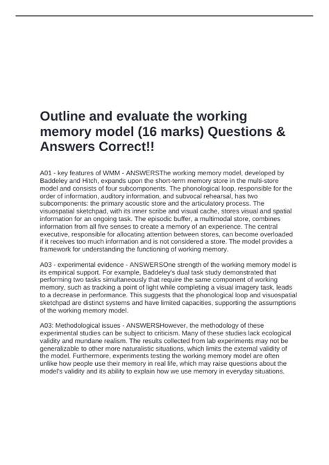 Outline And Evaluate The Working Memory Model 16 Marks Questions