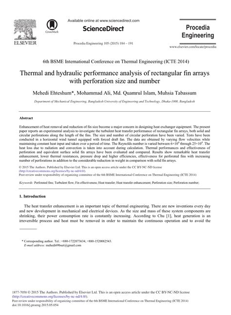 Pdf Thermal And Hydraulic Performance Analysis Of Rectangular Fin Arrays With Perforation Size