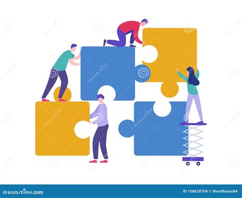 Business Teamwork Concept Tiny Characters Connecting Puzzle Pieces Stock Vector Illustration