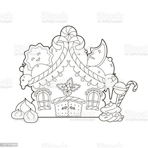 색칠 공부 크리스마스 마시멜로 크리스마스 트리와 진저 브레드 하우스 지붕에 눈의 형태로 크림 벡터 일러스트레이션 어린이를 위한 흑백 선 아트 만화 색칠하기에 대한 스톡 벡터