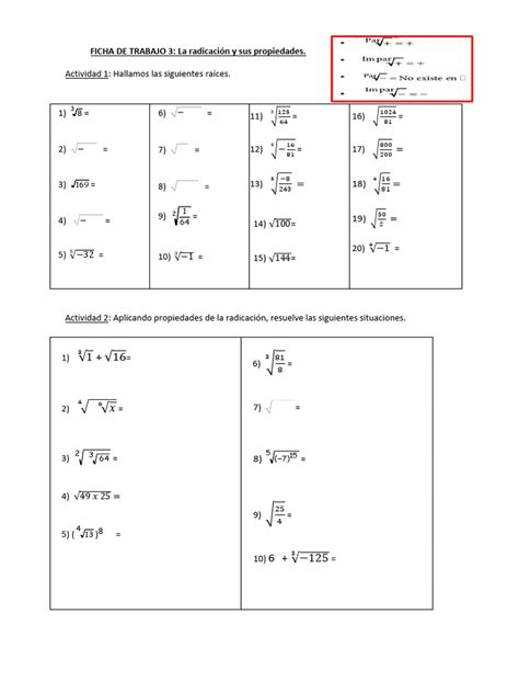 Ficha 3 Propiedades De La Radicación Primero Pdf