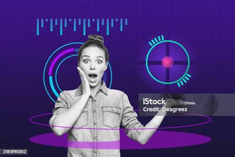 복합 트렌드 아트 워크 3d 스케치 사진 콜라주 사이버 공간 가상 시뮬레이션 효과 미래의 젊은 아가씨 충격받은 얼굴 손 잡기