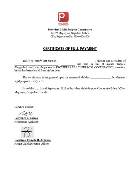 Certificate Of Full Payment Pdf