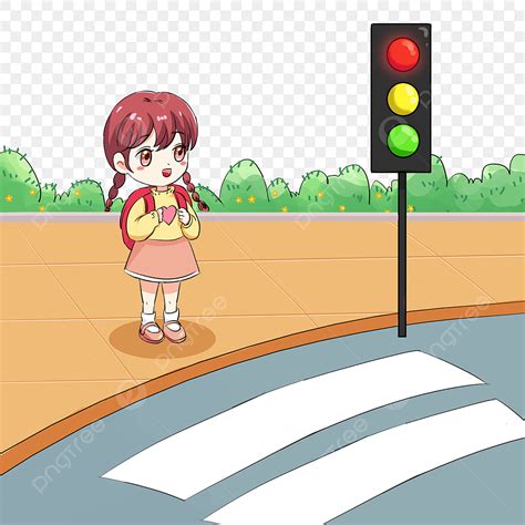 신호등을 지키는 어린 소녀 교통 규칙을 따르다 만화 손으로 그린 스타일 빨간 가로등 Png 일러스트 및 Psd 이미지 무료 다운로드 Pngtree