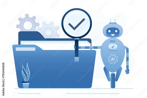 Funny Cyborg Uses Magnifying Glass And Searching File In Giant Folder Automatic Database