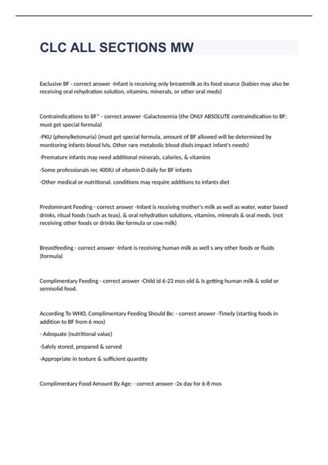 CLC ALL SECTIONS MW Question And Answers Rated A CERTIFIED LACTATION Stuvia US