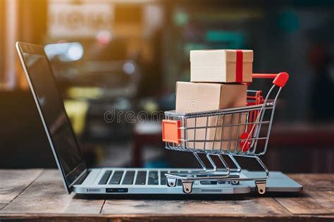 Digital Commerce Integration Shopping Cart And Boxes On Laptop Stock Illustration Illustration