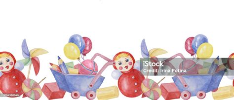장난감 완벽 한 테두리 바람개비 풍선 및 연필 리본 클립 아트와 인형 수채화 놀이 개체 벽지 보육 장식 베이비 샤워 0명에 대한 스톡 벡터 아트 및 기타 이미지 Istock