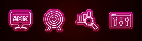 라인 소셜 미디어 마케팅 타겟 스포츠 돋보기 및 분석 및 브라우저 설정을 설정합니다 빛나는 네온 아이콘입니다 벡터 경쟁에 대한 스톡 벡터 아트 및 기타 이미지 Istock